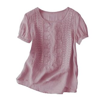 Generic Chemise en lin pour femme habill&eacute;e d&eacute;contract&eacute;e r&eacute;tro broderie fleur hauts &agrave; manches courtes boh&egrave;me d&eacute;t&eacute; tendance tunique fluide, rose, XXL