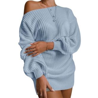 Generic Robe pull &agrave; manches longues et &eacute;paules d&eacute;nud&eacute;es pour femme, robe d&eacute;contract&eacute;e &agrave; manches longues en tricot &eacute;pais pour lautomne et lhiver, bleu, 3XL