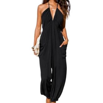 Generic Combinaison plongeante dos nu pour femme, barboteuse de vacances pliss&eacute;e sans manches, combinaison maxi en tricot, avec poche, cache-maillot de plage,