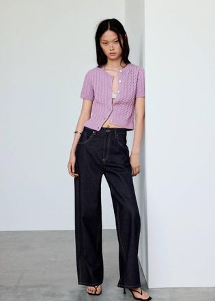 Mango Cardigan en maille tress&eacute;e &agrave; manches courtes violet clair/pastel - Femme - S - MANGO