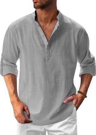 Onsoyours Hommes Chemises en Lin Solid Henley Shirts Casual Manches Longues été Mao Chemise de Plage Classique Décontractée Casual Regular Fit A Gris 3XL