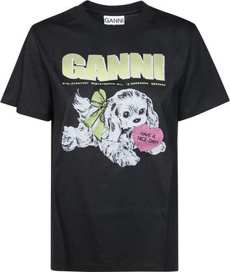 Ganni Femme, Tops, Noir, Taille: 36 FR Basic Cotton Jersey Neon Puppy T-shirt