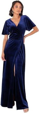 Maya Womens Long Velvet Maxi Dress Ladies A-Line Flowy Wedding Guest Bridesmaid Evening Occasion Prom Formal Party Ball Gown Robe, Bleu Marine-Wrap, 44 Fem