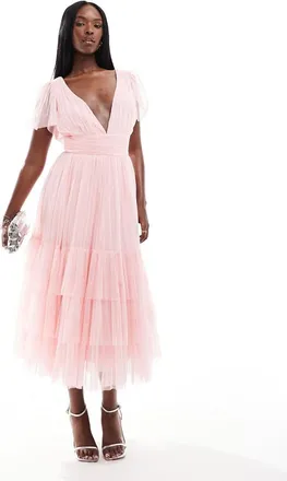 Lace & Beads Linvitée - Madison - Robe mi-longue en tulle à col en V - Rose pâle