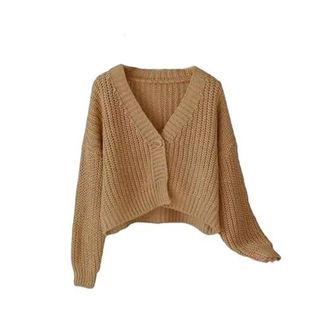 Generic Cardigan uni &agrave; manches courtes et &agrave; manches longues pour femme - Col en V - Boutonn&eacute;, kaki, Taille Unique