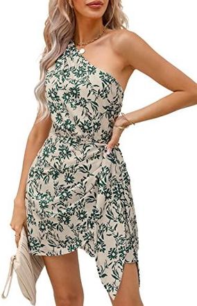 Cupshe Robe courte sans manches avec imprimé feuille et ourlet à plusieurs niveaux pour femme, Floral vert, Taille XL