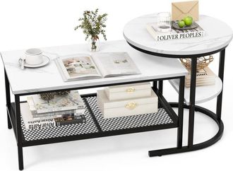 Costway 2er Set Couchtisch, Beistelltisch Marmor Optik mit Metallrahmen & Ablage, Kaffeetisch Wohnzimmertisch Sofatisch f&uuml;r Wohnzimmer, Schlafzimmer