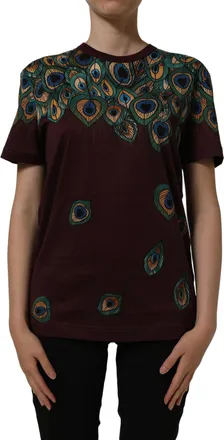 Dolce & Gabbana Womens Burgundy Peacock Feather Round Neck T-Shirt Cotton