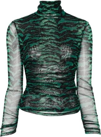 Diane Von F&uuml;rstenberg Top Manches Longues &agrave; Col Haut et Sequins en Mesh - Femme - Tops - Vert - Taille: 38 FR