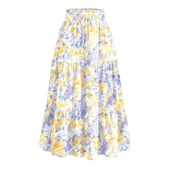 Generic Jupe longue pliss&eacute;e r&eacute;tro &eacute;lastique taille haute en forme de A avec jupe large pour femme, jaune, XXL