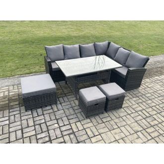 Fimous 9 Sitzer Garten Rattanm&ouml;bel Ecksofa Esstisch Sessel Set mit 2 kleine Fu&szlig;hockern - Fimous