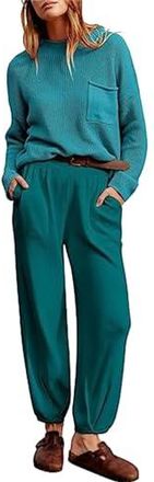 Generic Ensemble de surv&ecirc;tement d&eacute;contract&eacute; en coton et lin pour femme - Chemise de couleur unie - Pantalon large - Combinaison de loisirs pour femme, bleu ma