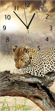 Wallario Design-Wanduhr, Acrylglasuhr Größe 30 x 60 cm, Schwarze Zeiger, Motiv Leopard auf Baumstamm in Afrika