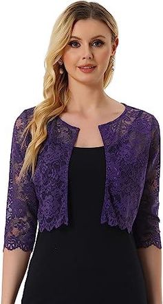 Allegra K Cardigan Court élégant pour Femme, boléro Transparent en Dentelle floraleViolet foncé L
