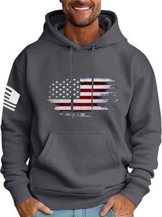 Generic Hommes Patriotique USA Drapeau Imprimé Sweat à Capuche - Unisexe Sweat à Capuche à Cordon de Serrage Pull Doux avec Poche Kanga Pour Décontracté, Gris