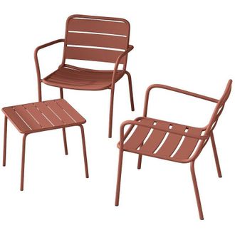 Vente-Unique Salon de jardin en m&eacute;tal - 2 fauteuils bas empilables et une table dappoint carr&eacute;e - Terracotta - MIRMANDE de MYLIA
