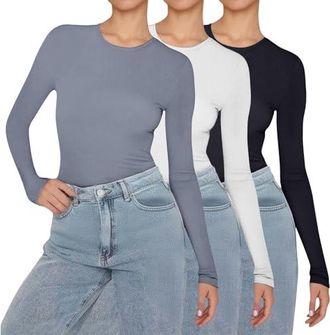 Generic Lot de 3 hauts basiques &agrave; manches longues et col rond pour femme - Chemises thermiques extensibles et ajust&eacute;es - Coupe ajust&eacute;e - Extensible - D&eacute;contra
