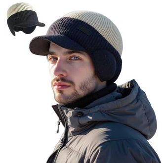 Generic Windproof Thermal Cap with Visor, Winter Knitted Earflap Hat with Brim and Ear Flaps, Cozy Fleece Lined Thermal Beanie (Begie)