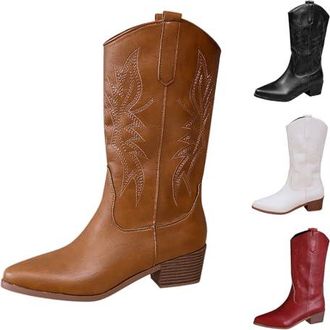 Generic Bottes de cowboy mi-mollet pour femme, bout pointu, gros talon bas, bottes r&eacute;tro hautes avec broderie florale pour femme, design classique confortable