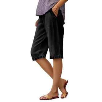 Generic Short en coton et lin pour femme - Longueur genou - Longueur genou - Pantalon de plage - Taille &eacute;lastique - Pantalon court d&eacute;contract&eacute; avec poches - L