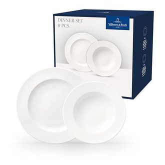 Villeroy & Boch For Me Dinner Set 8 Teilig Weiß, Spülmaschinenfest, Mikrowellensicher, Mit Speisetellern Und Suppentellern, Geschirr, Geschirrset, Teller Set, Service