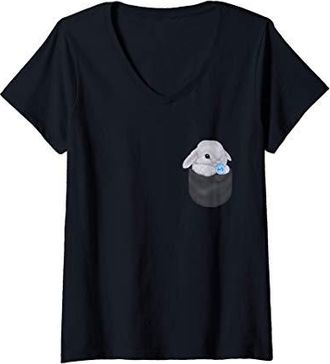Fox Republic Design Femme Lapin nain blanc avec t&eacute;tine dans la poche T-Shirt avec Col en V
