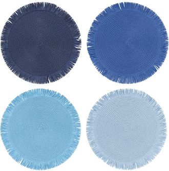 Villa D'Este Home Tivoli Shades of Ocean Rundes Tischset mit Fransen, 4 Stück