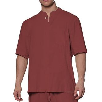 Generic Chemise dentra&icirc;nement en coton et lin pour homme - Couleur unie - Respirant - Sport d&eacute;contract&eacute; - Coupe droite, Rouge, XXL