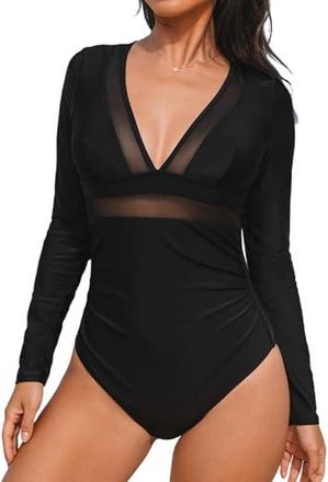 Cupshe Maillot de bain une pièce à manches longues et col en V pour femme, noir, Taille S