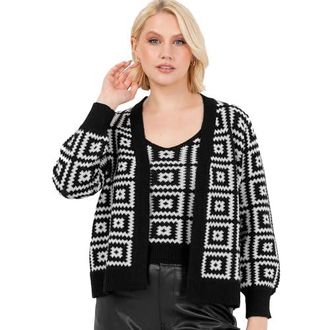 Lovedrobe Womens Twinset Ladies Long Sleeve Cardigan Knitted Two Piece Sleeveless Vest Tank Top Granny Square Knitwear Co-ord, Noir et cr&egrave;me 48-50