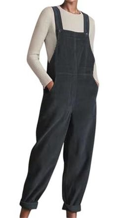 Generic Salopette &agrave; bretelles en velours c&ocirc;tel&eacute; pour femme, combinaison r&eacute;tro ann&eacute;es 90 avec poches, gris fonc&eacute;, 3XL