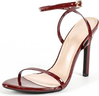Generic Sandales &agrave; Talon Aiguille Femme 11cm Rouge Vin Bout Carr&eacute; Bride Cheville Cuir PU Ligne Minimaliste Semelle Anti-D&eacute;rapant,Burgundy,40 EU