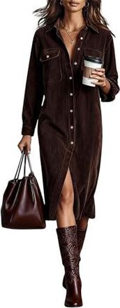 Generic Robe chemise midi boutonnée en velours côtelé pour femme, automne-hiver, col à revers ample, manches longues, robe chemise midi fluide boutonnée, kaki