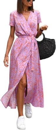 ORANDESIGNE Femme Ete Robe Longue Fluide Boho Midi Robes de Plage Chic Et Élégant Imprimé Floral Wrap Col en V Manches Courtes A-Line Robe Casual Fendue Robe Vaca