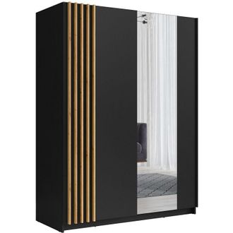 Vente-Unique Vente-Unique - Armoire 2 portes coulissantes avec miroir L150 cm - MDF m&eacute;lamin&eacute; noir et naturel - 5 ling&egrave;res et penderie pour rangement optimis&eacute;