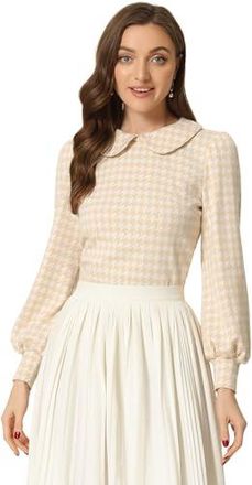 Allegra K Chemisiers à col Claudine pour Femmes à Carreaux Pied-de-Poule à Manches Longues boutonnées au Dos Kaki S