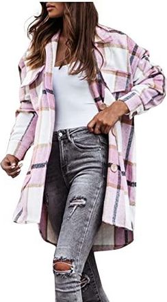 Generic 2026 Vestes chaudes pour femmes - Manteau chaud &agrave; imprim&eacute; &eacute;cossais - Revers dhiver - Manches longues - Grande taille, rose, L