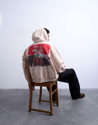 Topman Mason Newman x Topman - Sweat &agrave; capuche coupe carr&eacute;e avec imprim&eacute; bar dh&ocirc;tel devant et au dos - Taupe d&eacute;lav&eacute;-Brown