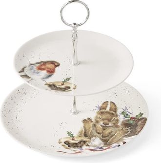 Wrendale Designs Royal Worcester Wrendale Deigns Festlicher zweist&ouml;ckiger Tortenst&auml;nder A Merry Little Christmas - Rotkehlchen und Hase, Wei&szlig;