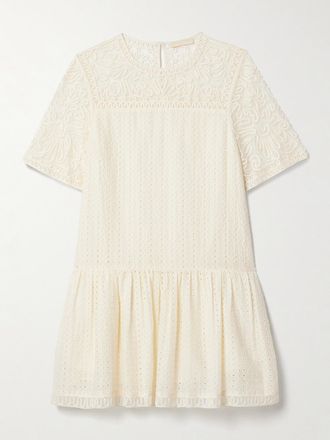 Ulla Johnson Mini-robe En Coton Et Soie Mélangés À Broderie Anglaise Et À Finitions En Tulle Gabi - Ivoire