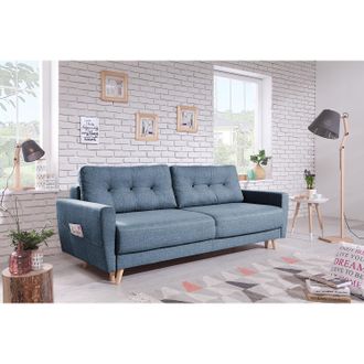 Mørteens home24 3-Sitzer Sofa Blau/Taubengrau Webstoff Luba 220 x 90 x 90cm Armlehne beidseitig montierbar mit Schlaffunktion Skandi