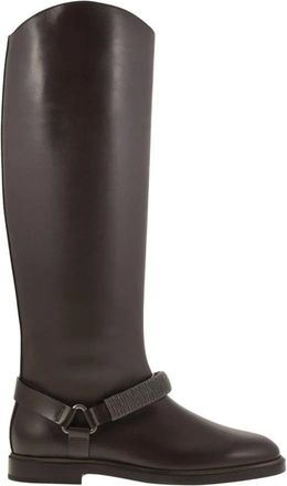 Brunello Cucinelli Femme, Chaussures, Brun, Taille: 41 EU Bottes cavali&egrave;res en cuir avec bride de cheville orn&eacute;e