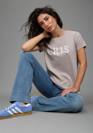 H.I.S T-Shirt H.I.S, Damen, Gr. 32/34, grau, Single Jersey, Obermaterial: 100% Baumwolle, bedruckt, figurumspielend, Rundhals, Shirts T-Shirt, bedruckt, f&uuml;r