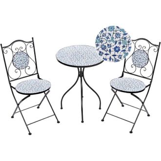 Beliani Ensemble de Bistrot de Jardin Vintage en M&eacute;tal Motif Mosa&iuml;que Floral Cadre en Fer Table et Chaises Noir Chapeco