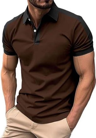 Generic T-shirts d&eacute;contract&eacute;s pour hommes - Haut &agrave; manches courtes et revers color&eacute; pour le printemps et l&eacute;t&eacute; - T-shirt basique confortable en peluche, caf&eacute;, 