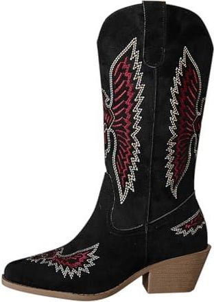 Generic Bottes de cowboy pour femme - En cuir - Confortables - Demi-hautes - En cuir - Bottes western mi-hautes - Bottines de cowboy - Pour lextérieur - Noire