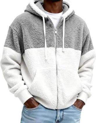 Generic Veste polaire à capuche doublée Sherpa avec fermeture éclair pour homme - Manteau dhiver chaud et doux à manches longues, gris, 4XL