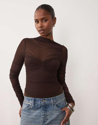 Bardot Body en tulle transparent asym&eacute;trique &agrave; col montant fronc&eacute; couleur chocolat-noir