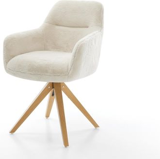 DELIFE Drehstuhl Pejo-Flex Pl&uuml;sch Creme-Wei&szlig; Holzgestell kantig Natur 180&deg; drehbar Taschenfederkern, Esszimmerst&uuml;hle