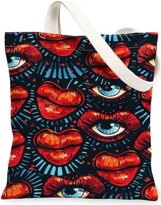 Generic Sacs fourre-tout en toile avec motif l&egrave;vres, sacs d&eacute;picerie r&eacute;utilisables, vintage, l&eacute;gers, lavables en toile pour voyage, multicolore, 13x15 Inch